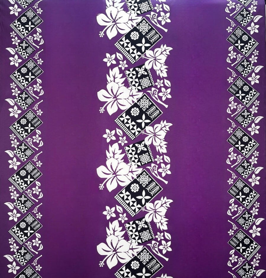 1 Yard Hibiscus Tropical Leaves & Traditional Tapa Double Border Fabric ...