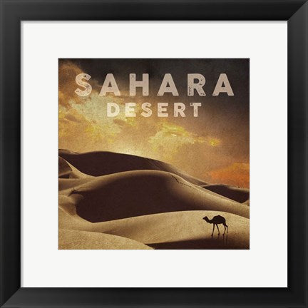 Framed Art Vintage Sahara Desert with Sand Dunes and Camel, Africa Wall ...