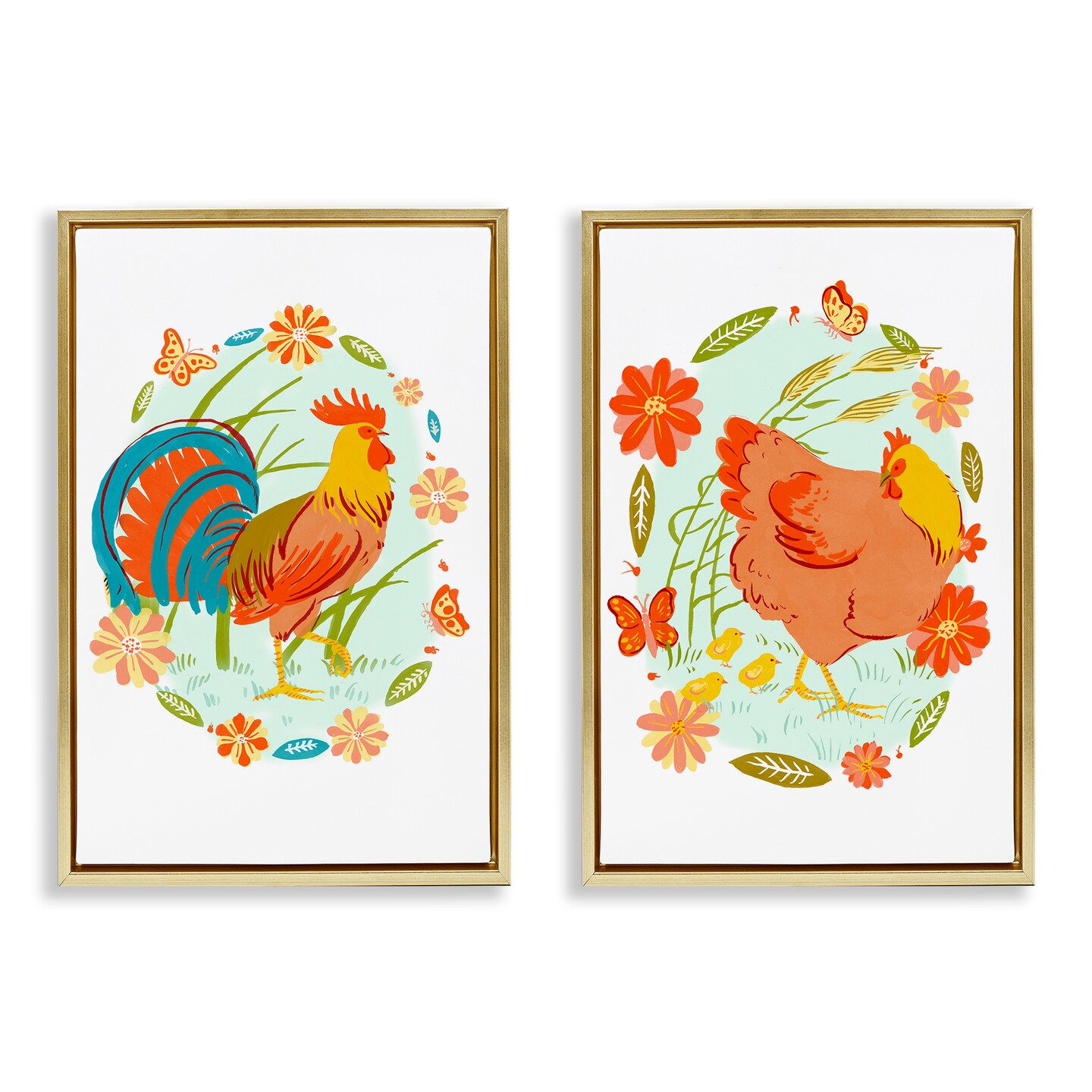 Stupell Industries Rooster & Hen with Florals 2pc Floating Frame Set Design by Hannah Moren ...