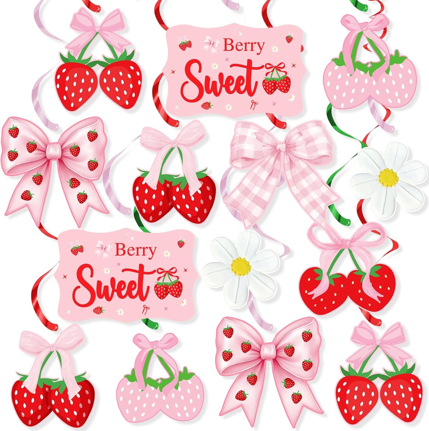 Pink Bow Strawberry Party Hanging Swirls Decorations, Berry Sweet Strawberry Theme Party Foil ...