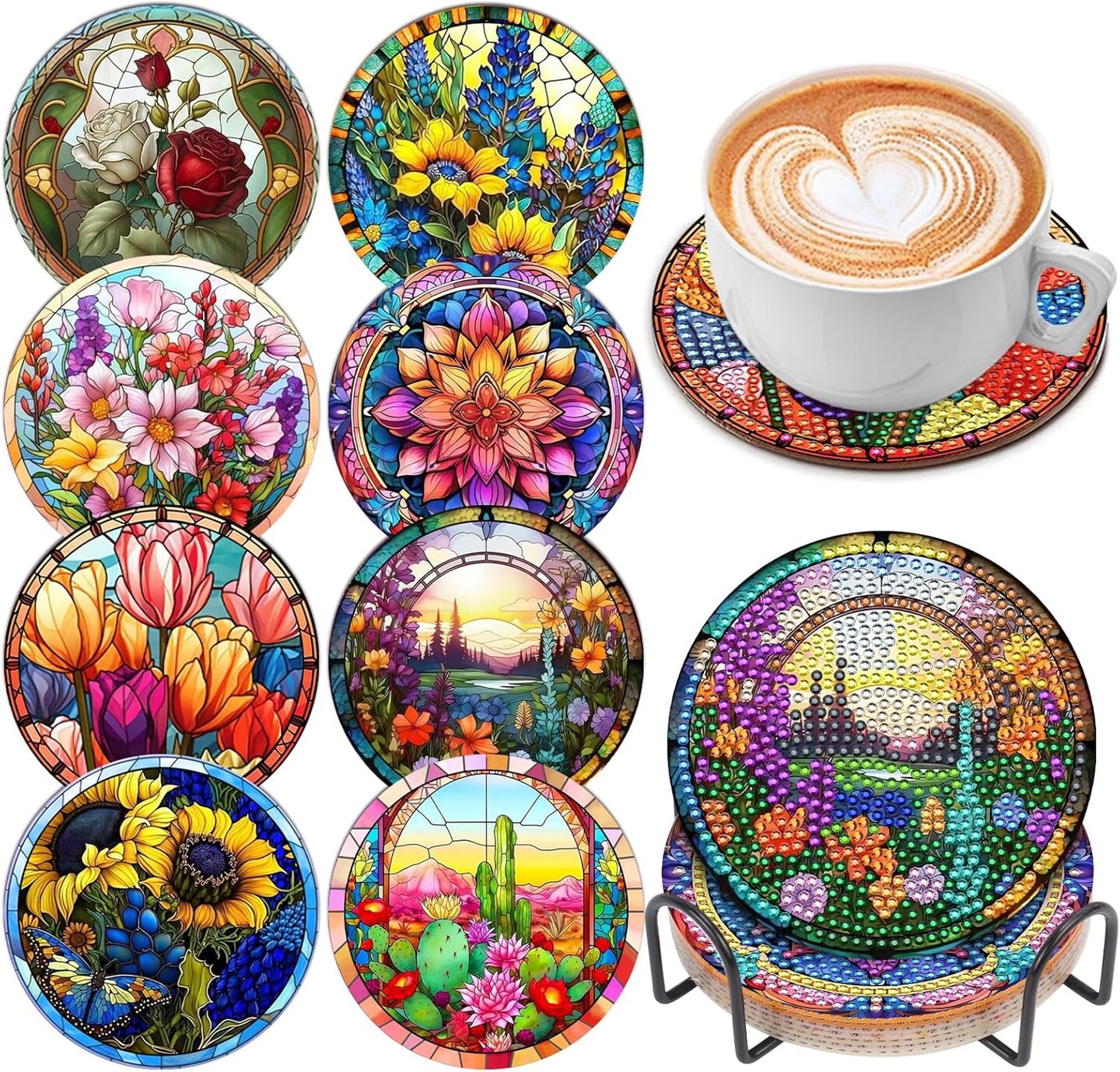 8 Pcs Diamond Art Painting Coasters with Holder, DIY Colorful Flowers ...