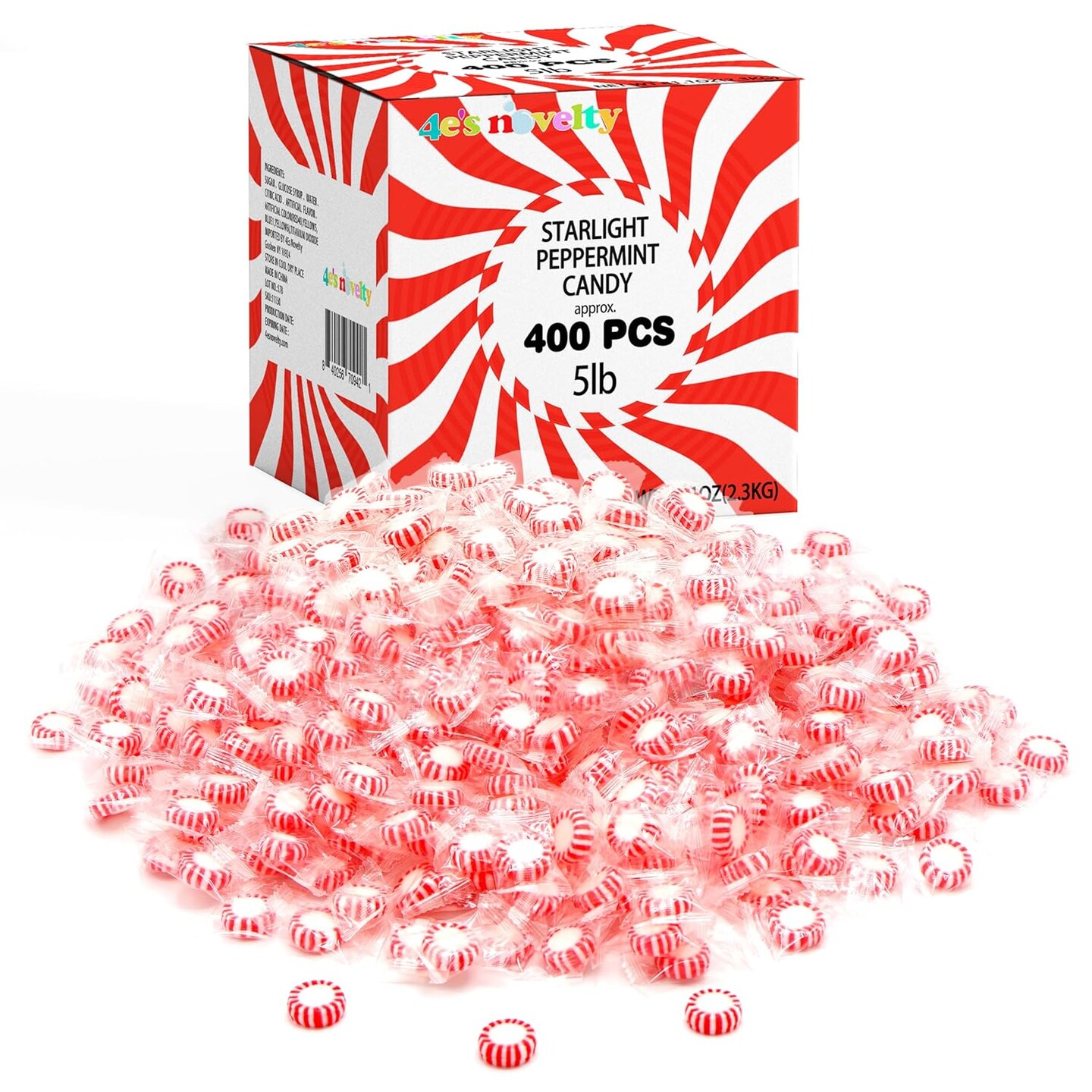 4E’s Novelty 5LB Peppermint Candy Bulk – 400 Individually Wrapped ...