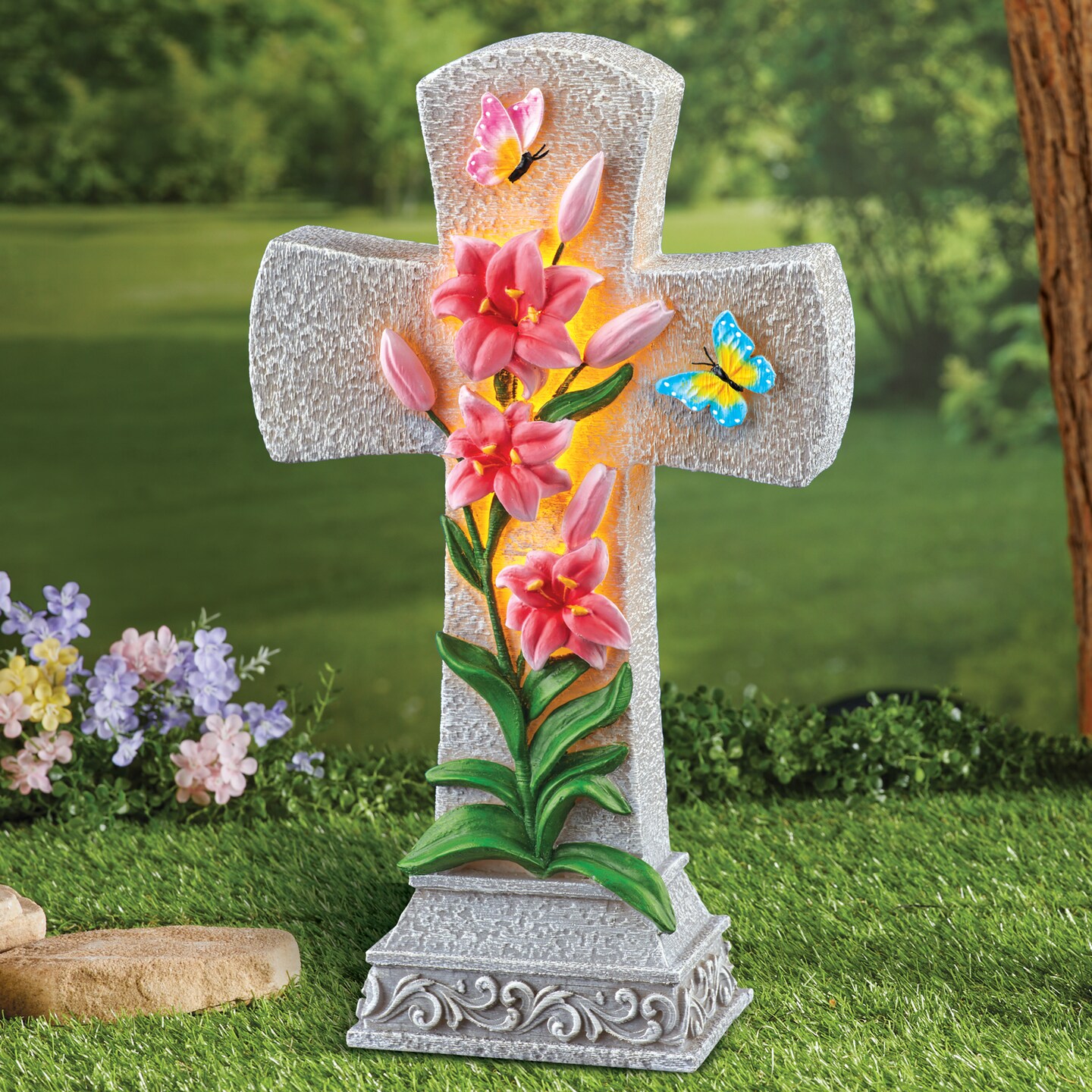 Collections Etc Solar Powered Memorial Cross with Lilies Garden Statue ...