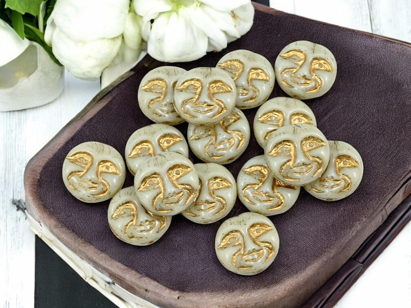 *15* 13mm Gold Washed Opaque Ivory Moon Face Coin Beads | Michaels