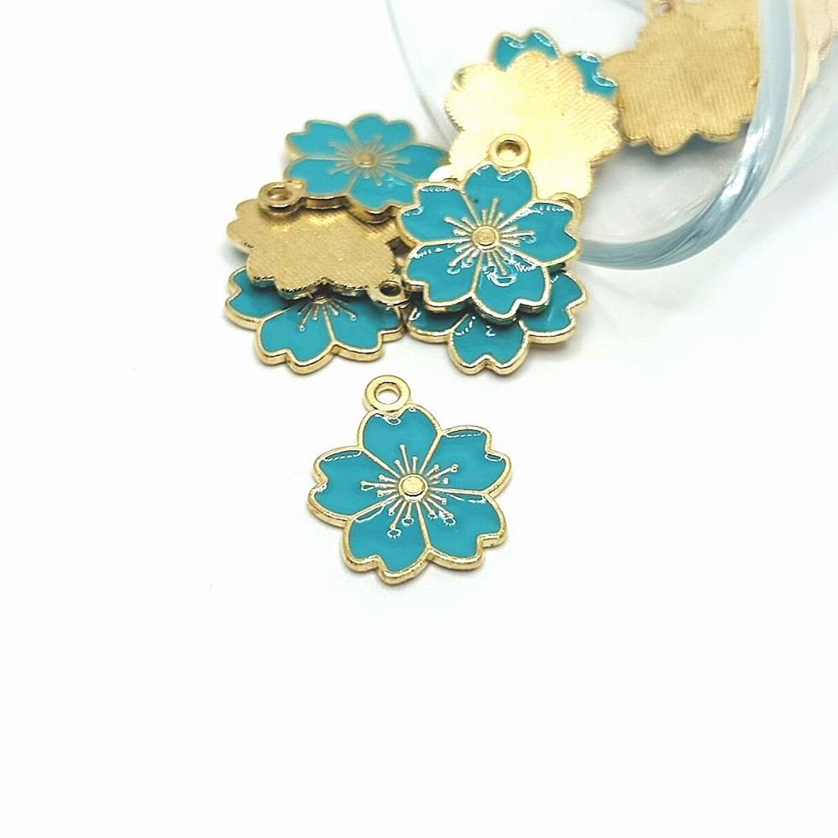 Aqua Blue and Gold Cherry Blossom Flower Charms, 20.5x17.5mm | Michaels