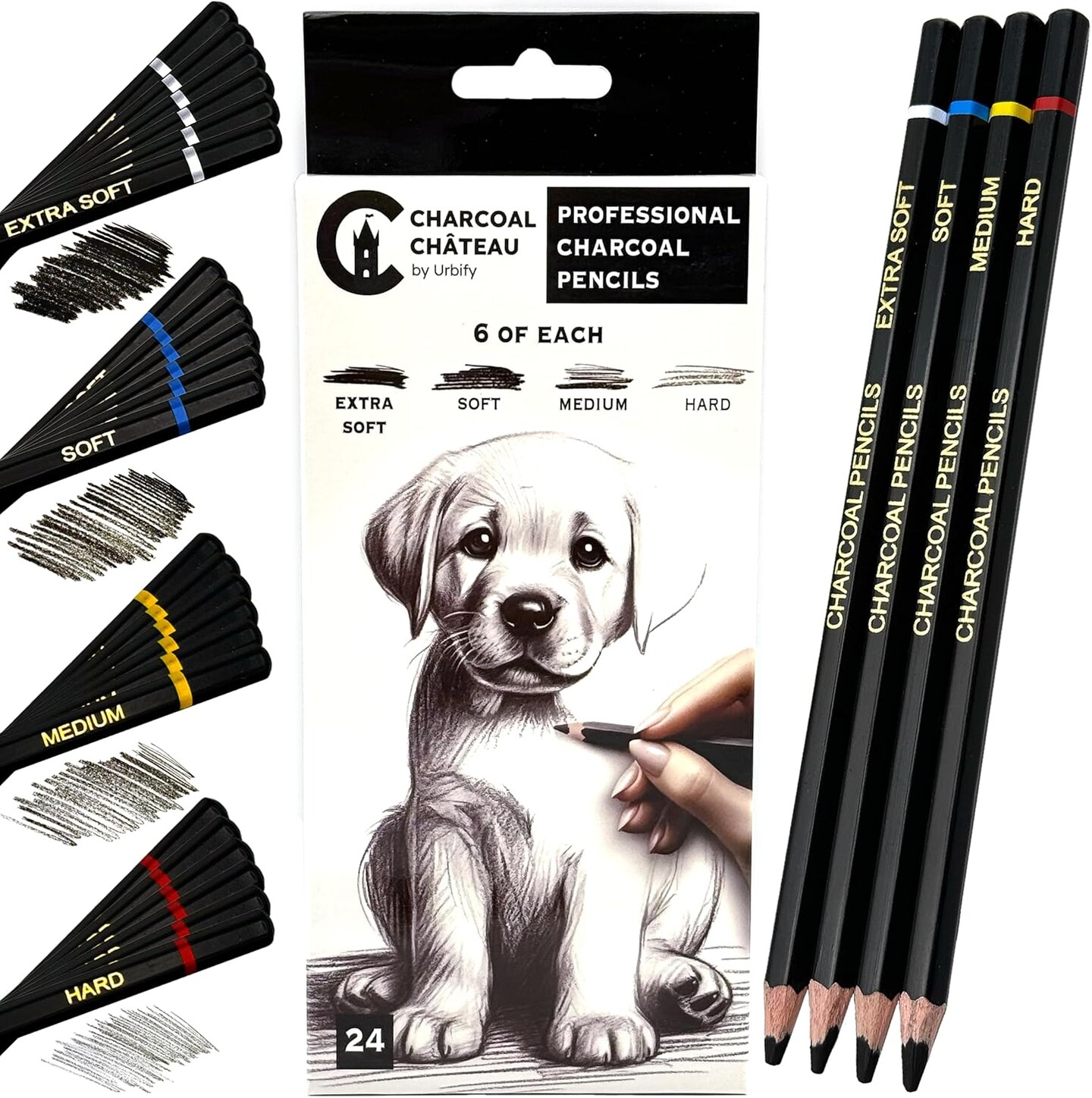 24 Charcoal Pencils - Four Professional Hardness Levels - Perfect for ...
