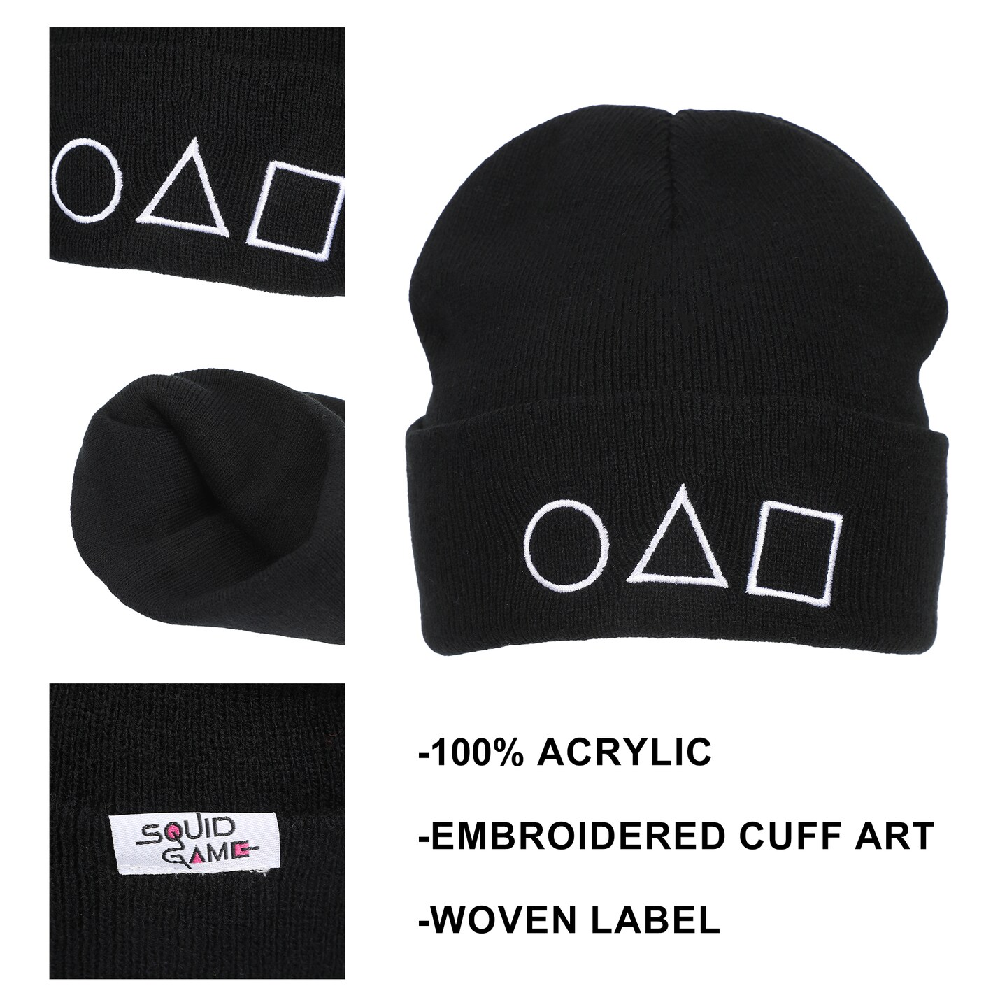 Squid Games Guard Symbols Embroidery Standard Cuff Acrylic Knit Beanie ...