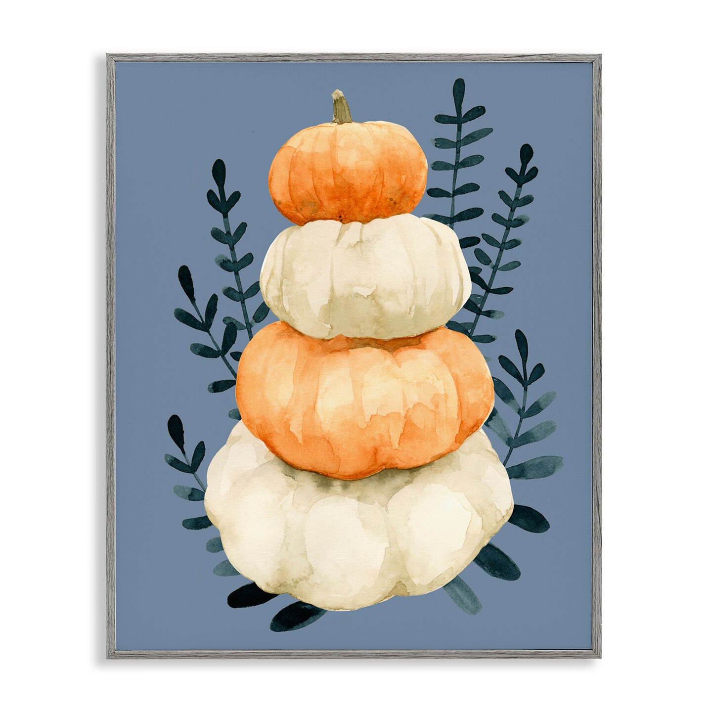 Stacked Fall Pumpkins Botanical Leaves Blue Background Framed Giclee ...