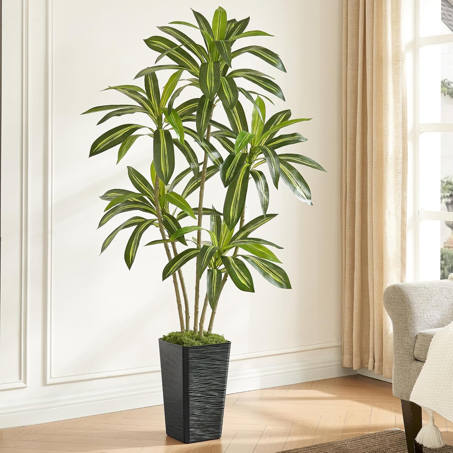 6FT Artificial Dracaena Silk Tree with Black Planter - Real Touch Fake ...