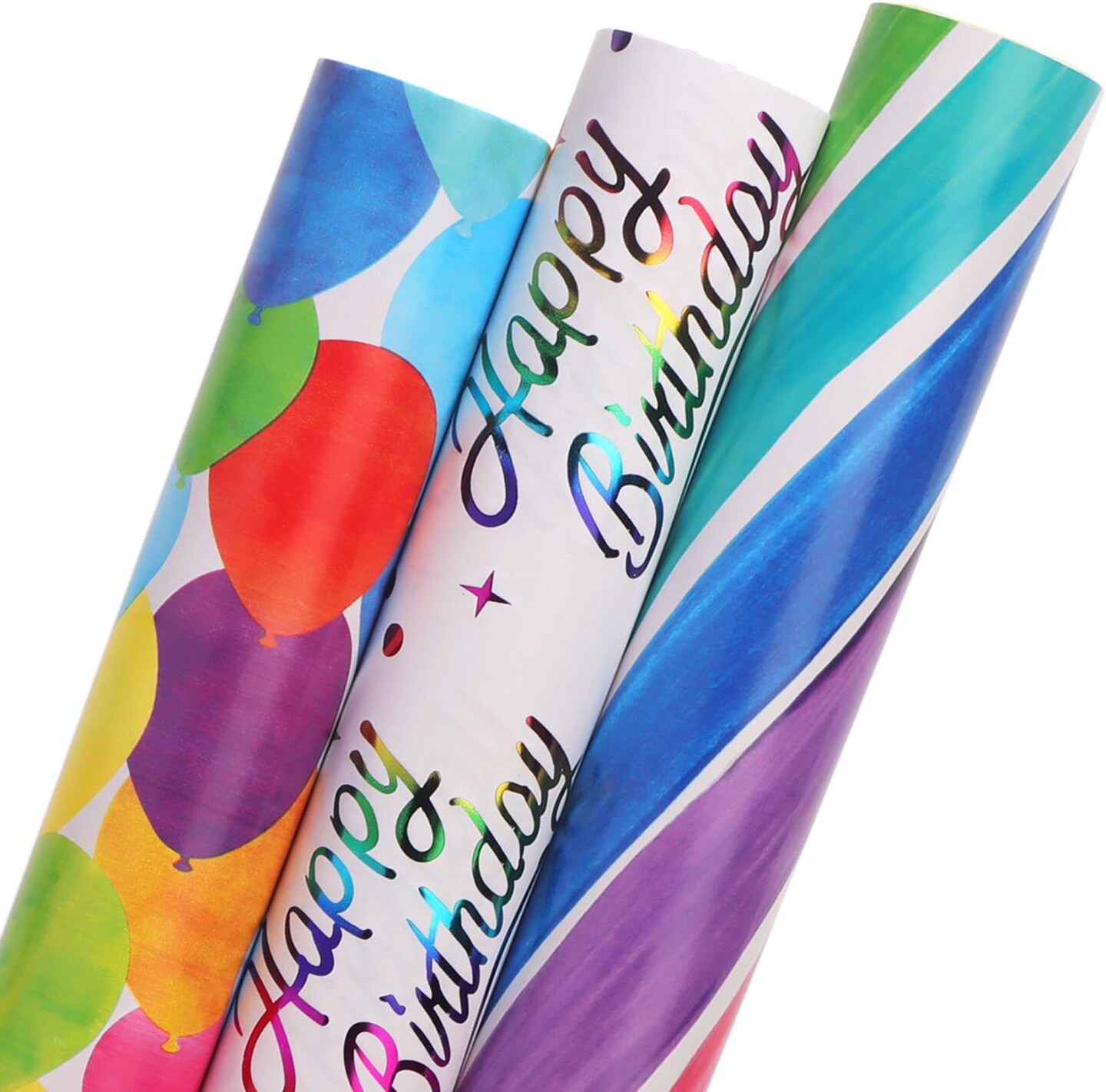 Birthday Wrapping Paper – 3 Mini Rolls, 17” x 120” Each, Iridescent ...