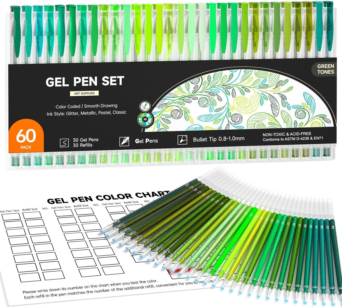 60 Pack Green Tone Gel Pens, 30 Green Tone Gel Pens with 30 Refills for ...