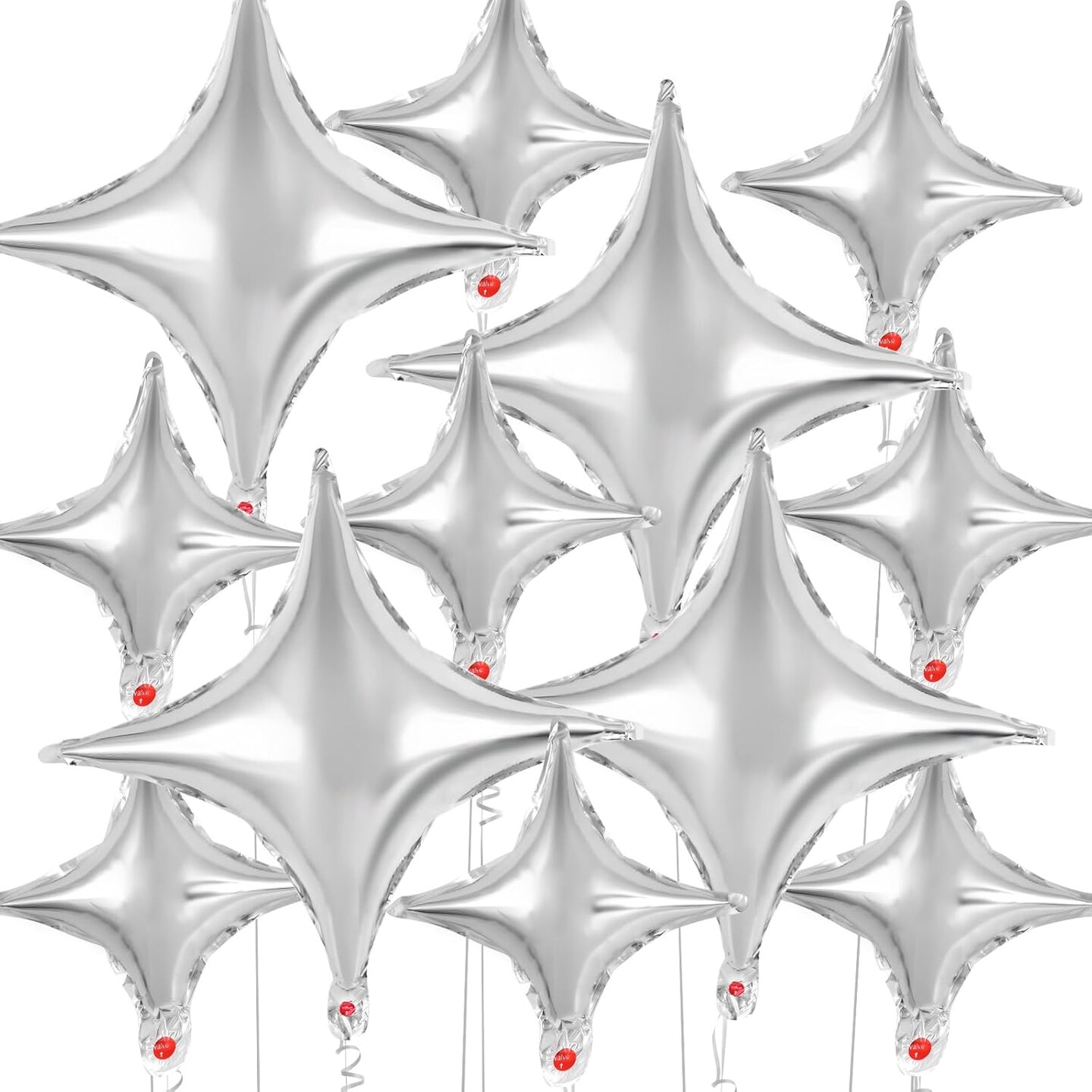 12 Pcs Four Angle Star Balloons,26 Inch and 10 Inch Silver Star Foil ...