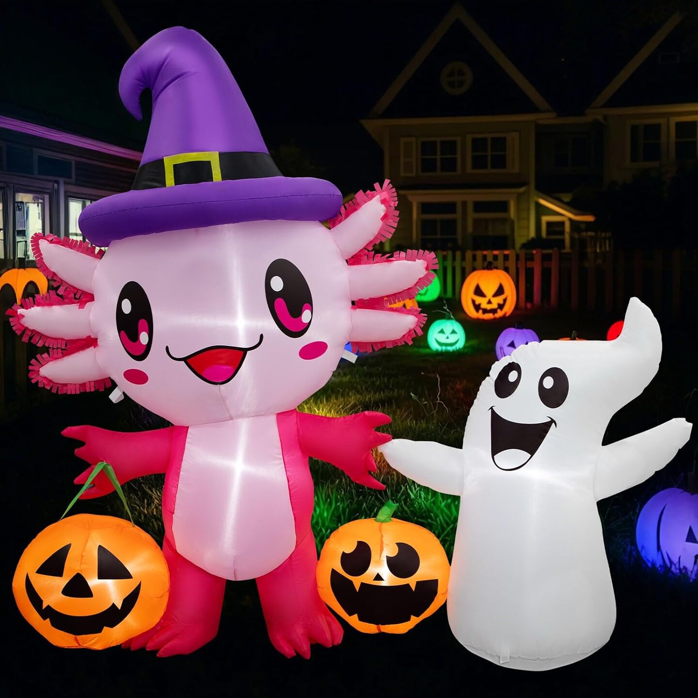 5.7FT Axolotl Ghost Hold Pumpkin Inflatables Blow Up Yard Decorations ...