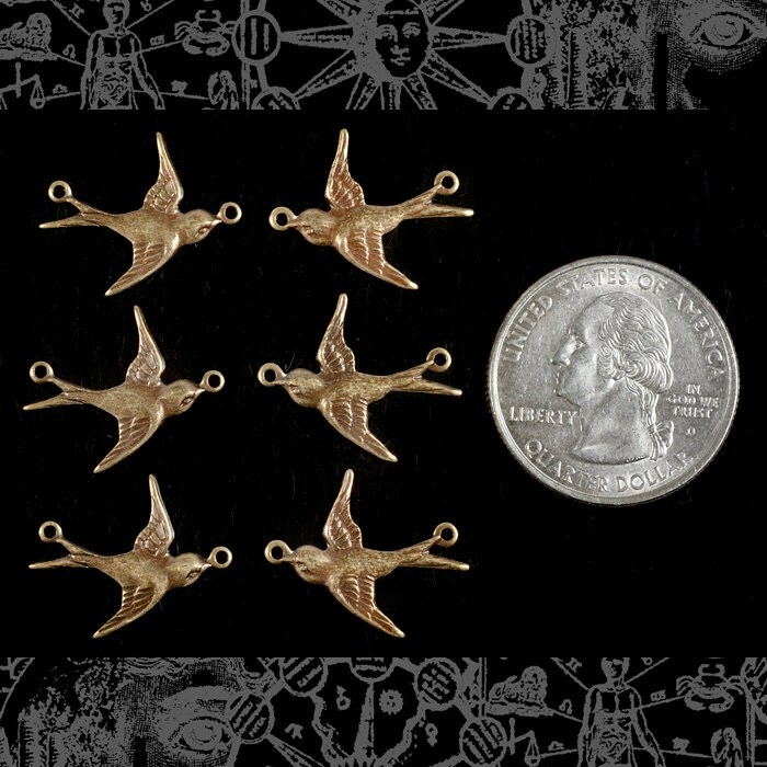 Antiqued Brass Flying Birds Sparrows Two Way Connectors - Three Sets of ...