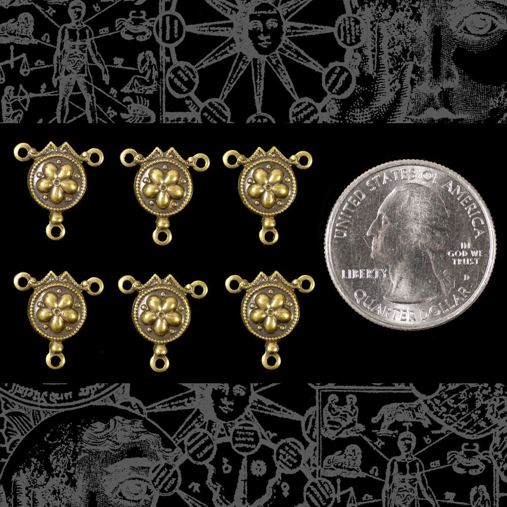 Antiqued Brass Art Deco Flower Button Three Way Connectors - Set of Six ...