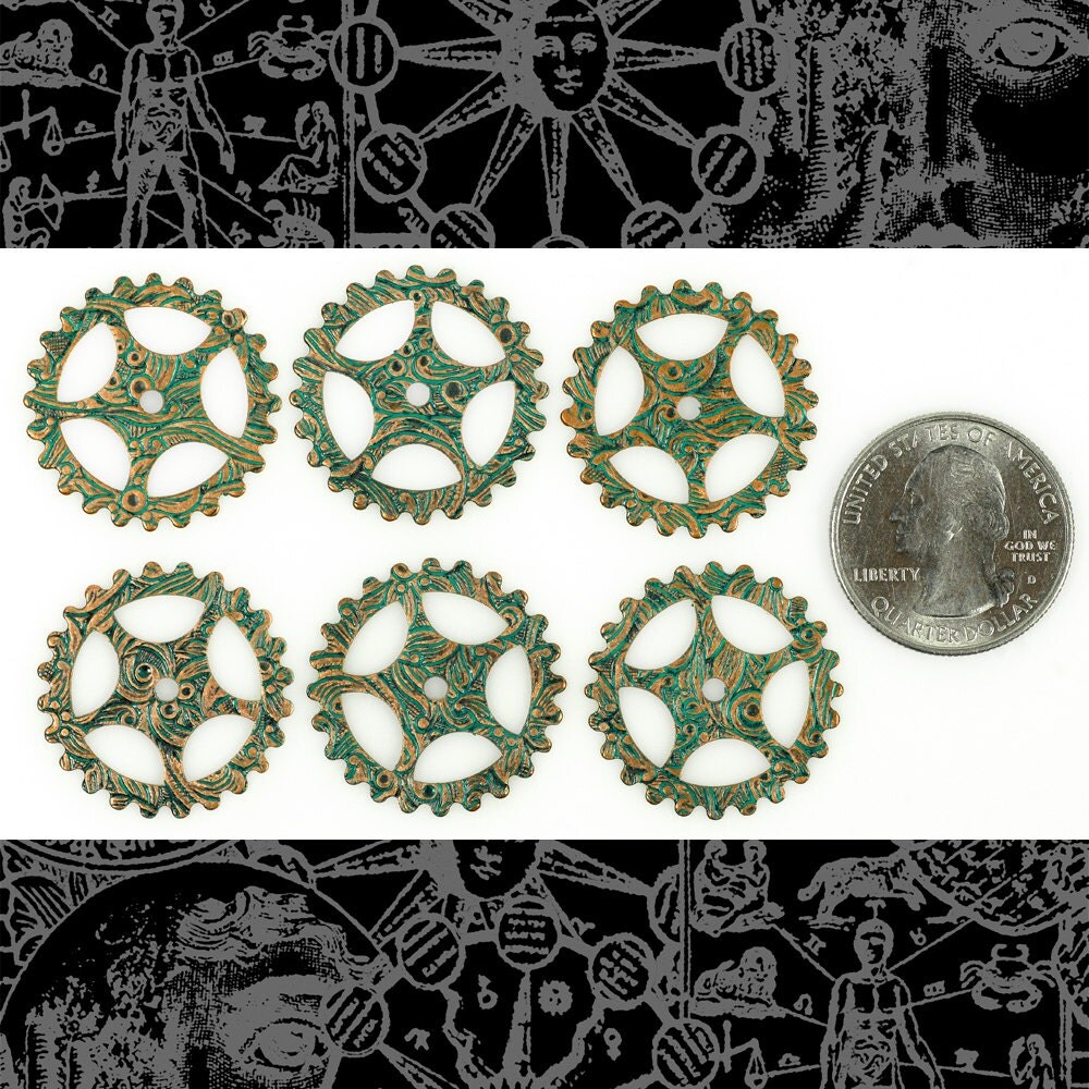 25mm Floral Patterned Etched Steampunk Verdigris Finished Brass Wheels ...