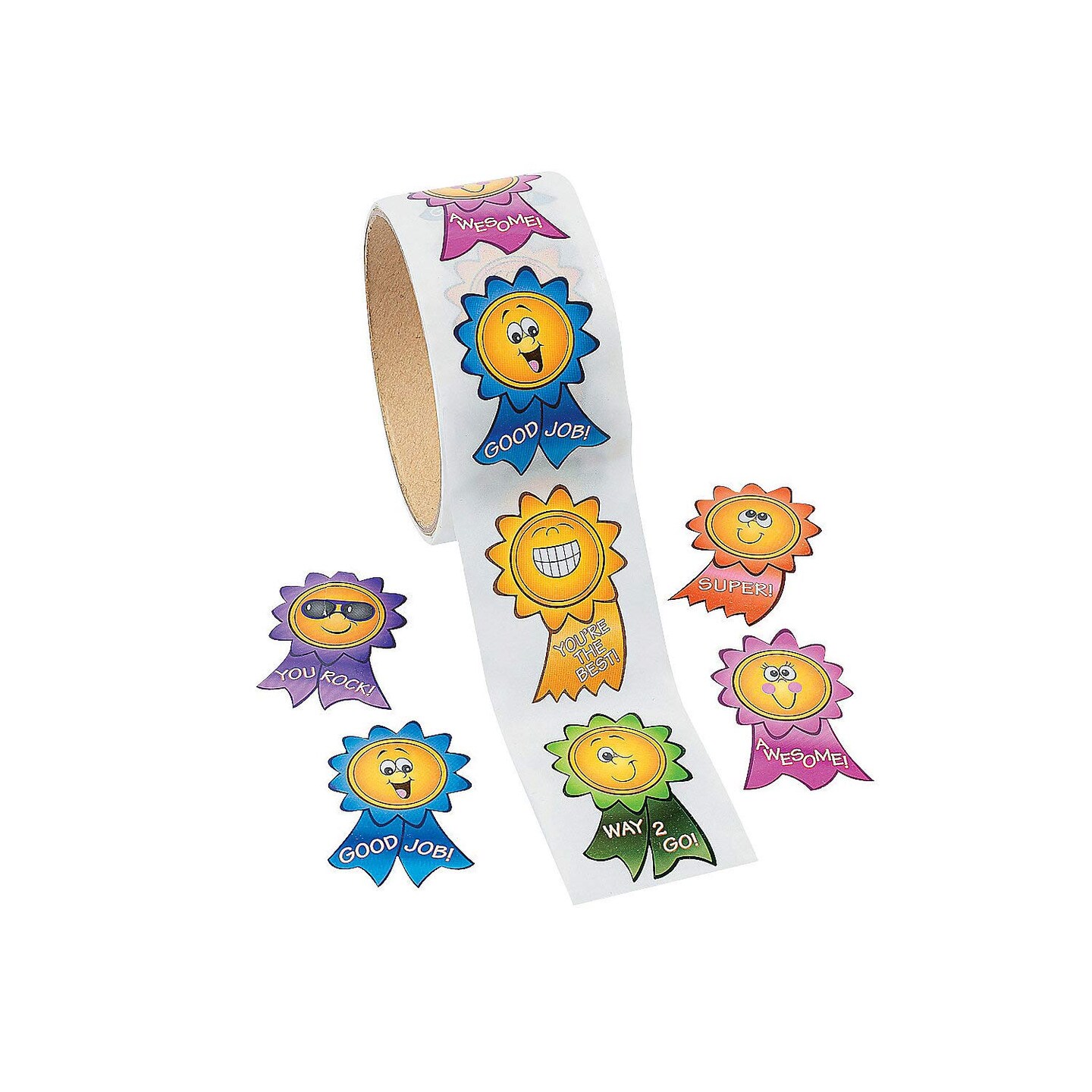2" Motivational Smile Face Prize Ribbon Multicolor Paper Sticker Roll ...
