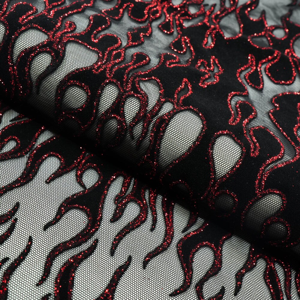 1 Yard Fiery Glittered Flocked Stretch Mesh Fabric 2 Way Stretch 60 ...