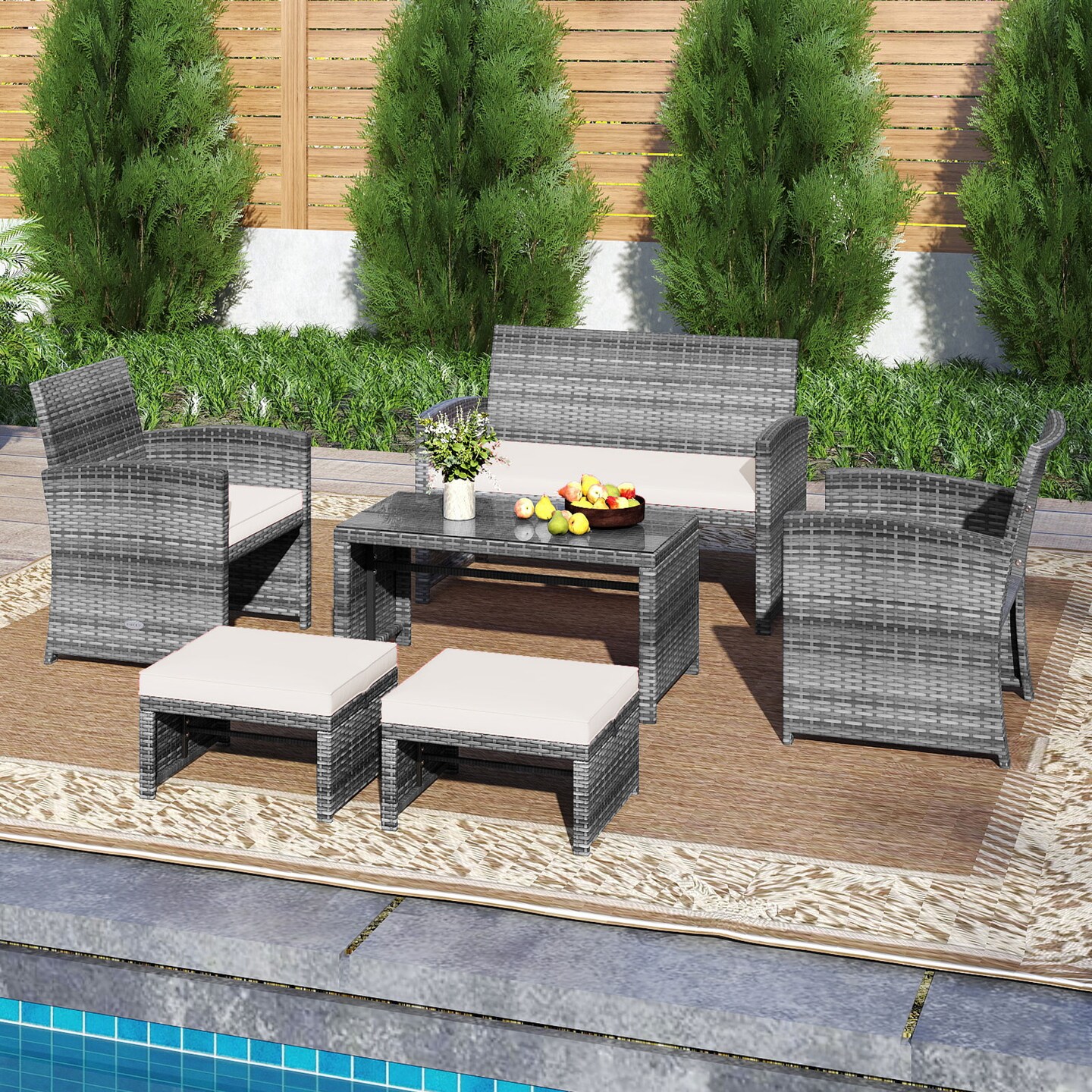 6-Piece Outdoor Patio Furniture Set with Loveseat Chairs Ottomans and ...