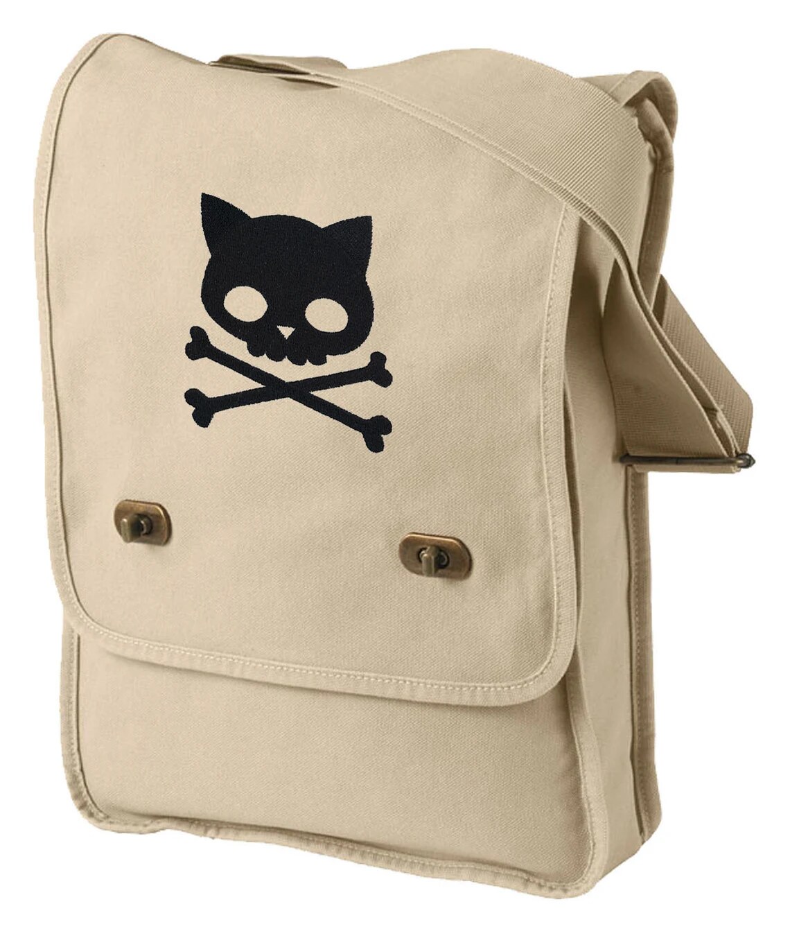 Cat Skull Embroidered Crossbody | Vintage Cat Design Canvas Field Bag ...