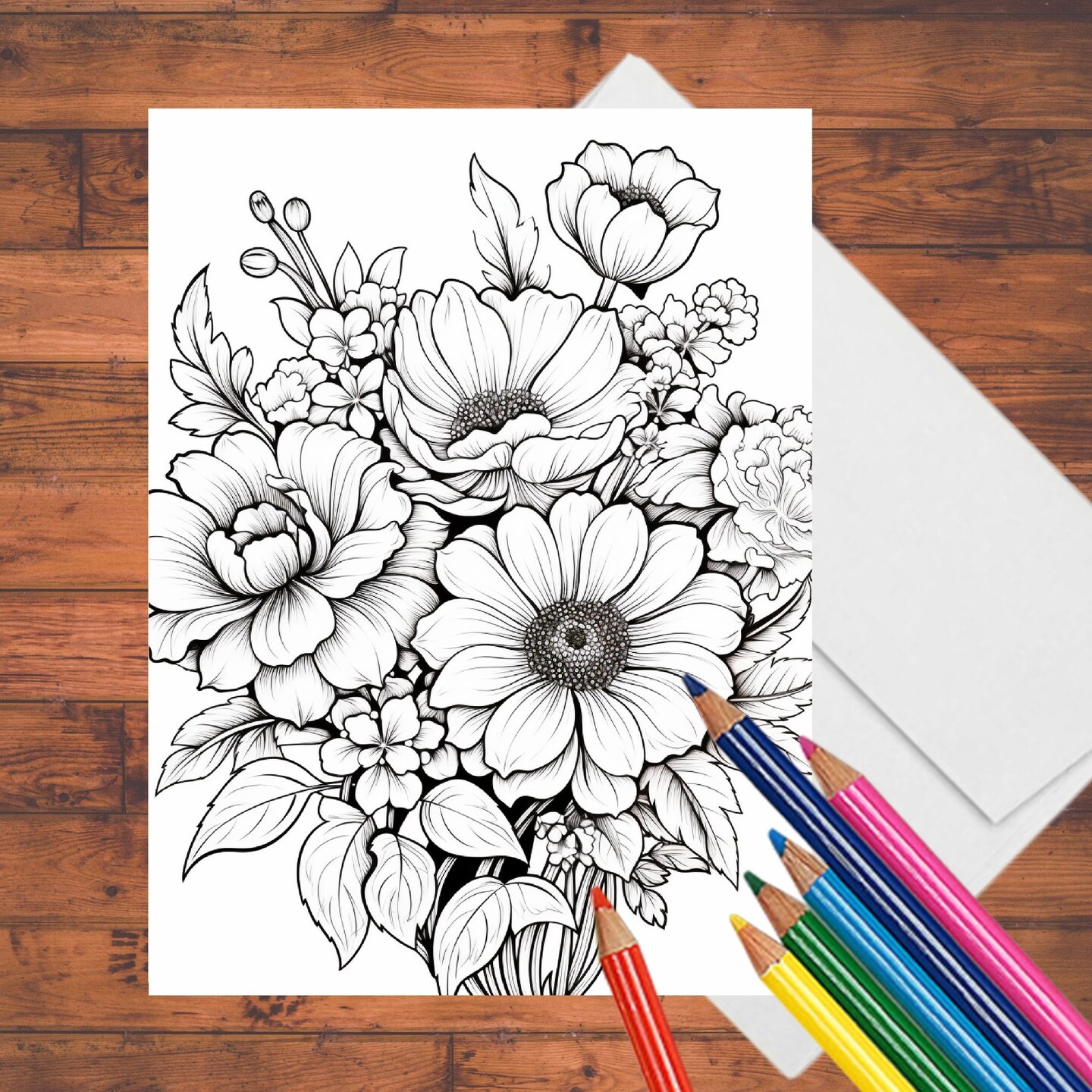 Adult Coloring Flower Bouquet Floral Greeting Cards 5" x 7", Stationery ...