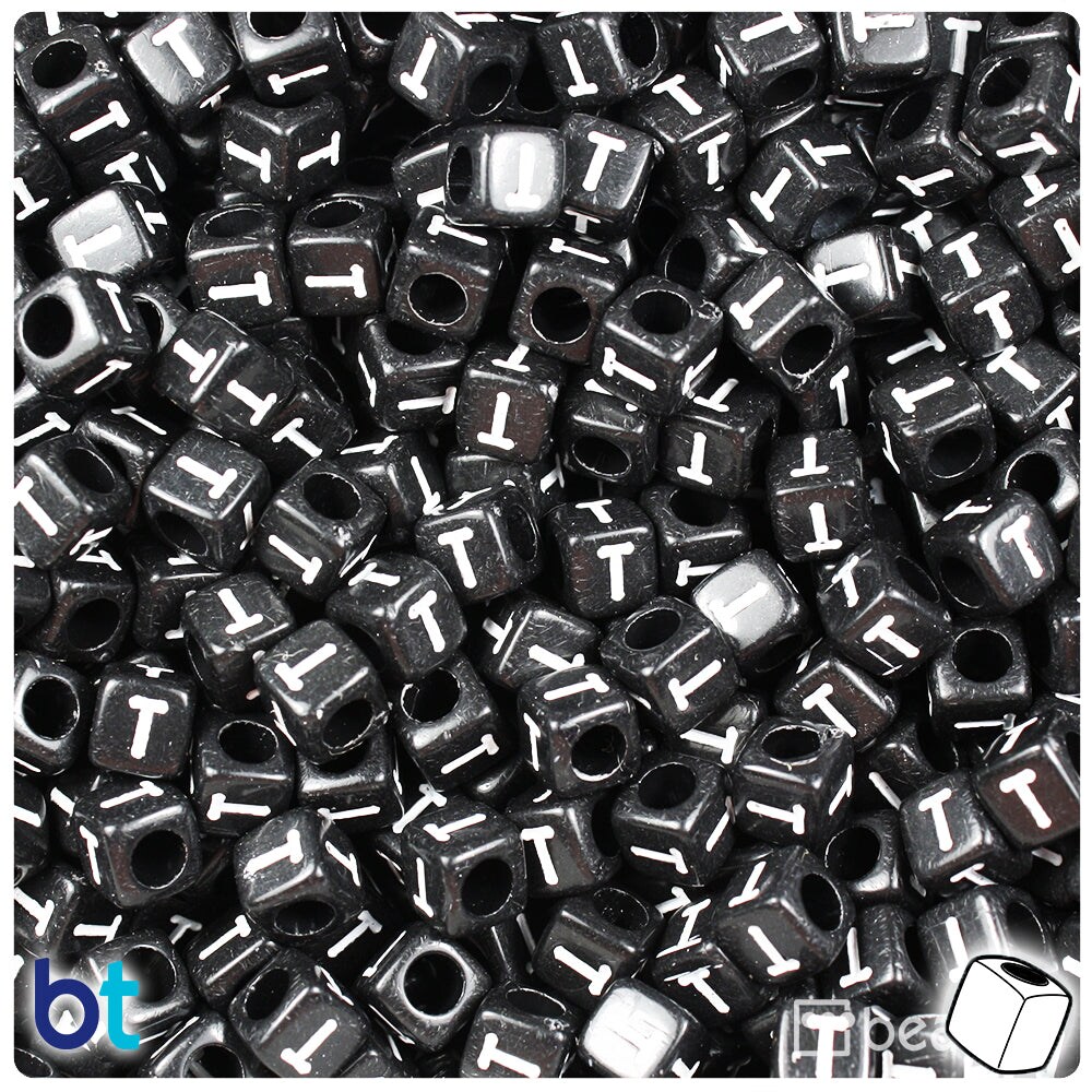 BeadTin Black Opaque 6mm Cube Plastic Alpha Beads - White Letter T ...