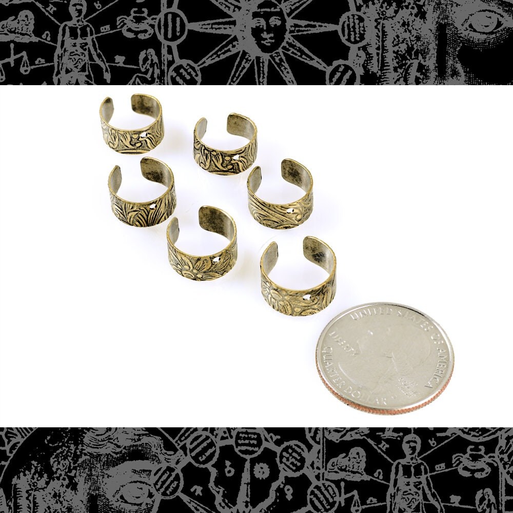 Antiqued Brass Floral Etched Ear Cuffs with Hole Earring Cuff Set of Six AB OD7