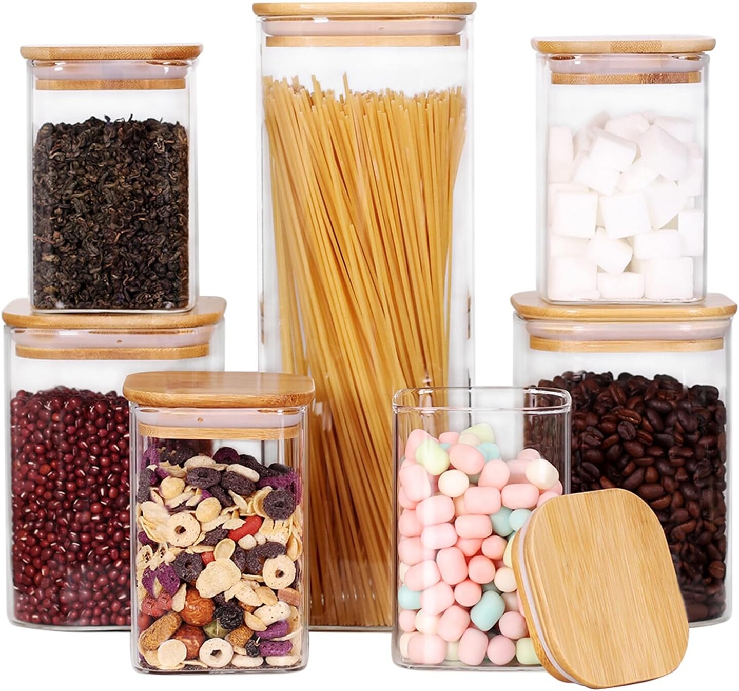 Glass Storage Canister with Wooden Lid, Set of 7 Square Glass Jars with ...