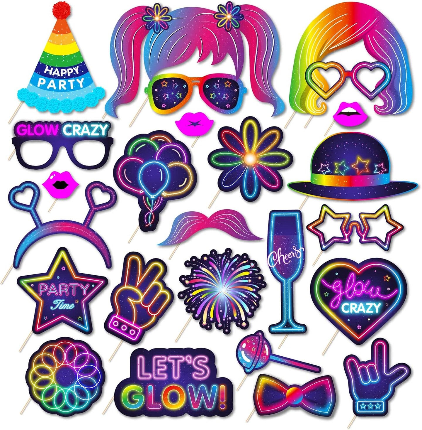 25pcs Glow Neon Photo Booth Props with Stick, Photo Props for Birthday ...