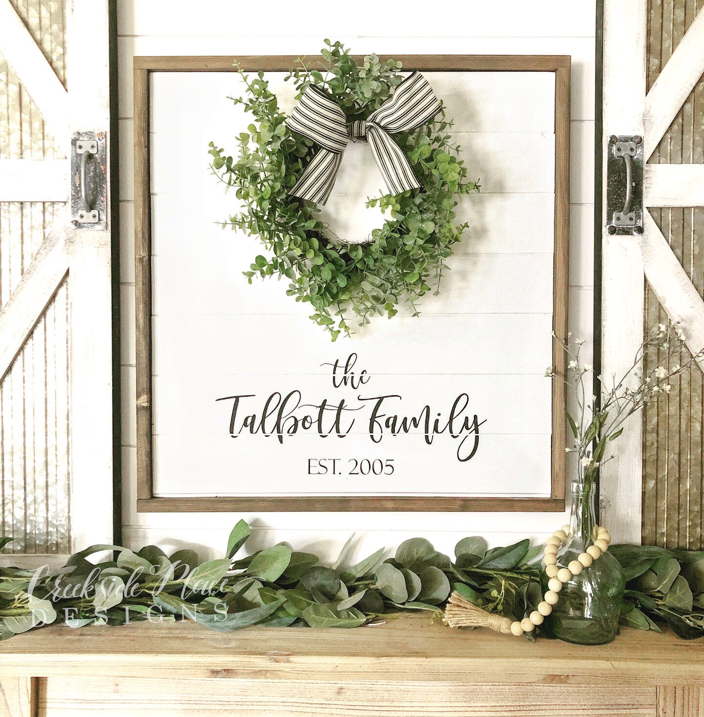 Shiplap Family Name Sign with Faux Eucalyptus Wreath, Farmhouse Sign ...