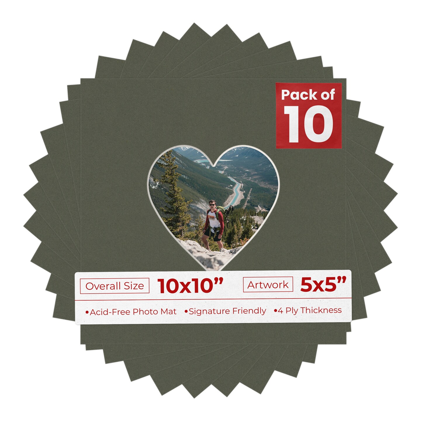 Dark Olive Green Mat Board for 10x10 Frames - Heart Opening for 5x5 ...