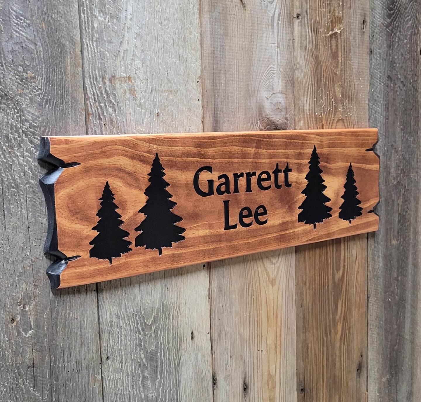 Custom Family Name with Pine Trees and Lived Edge Style Broken Board ...