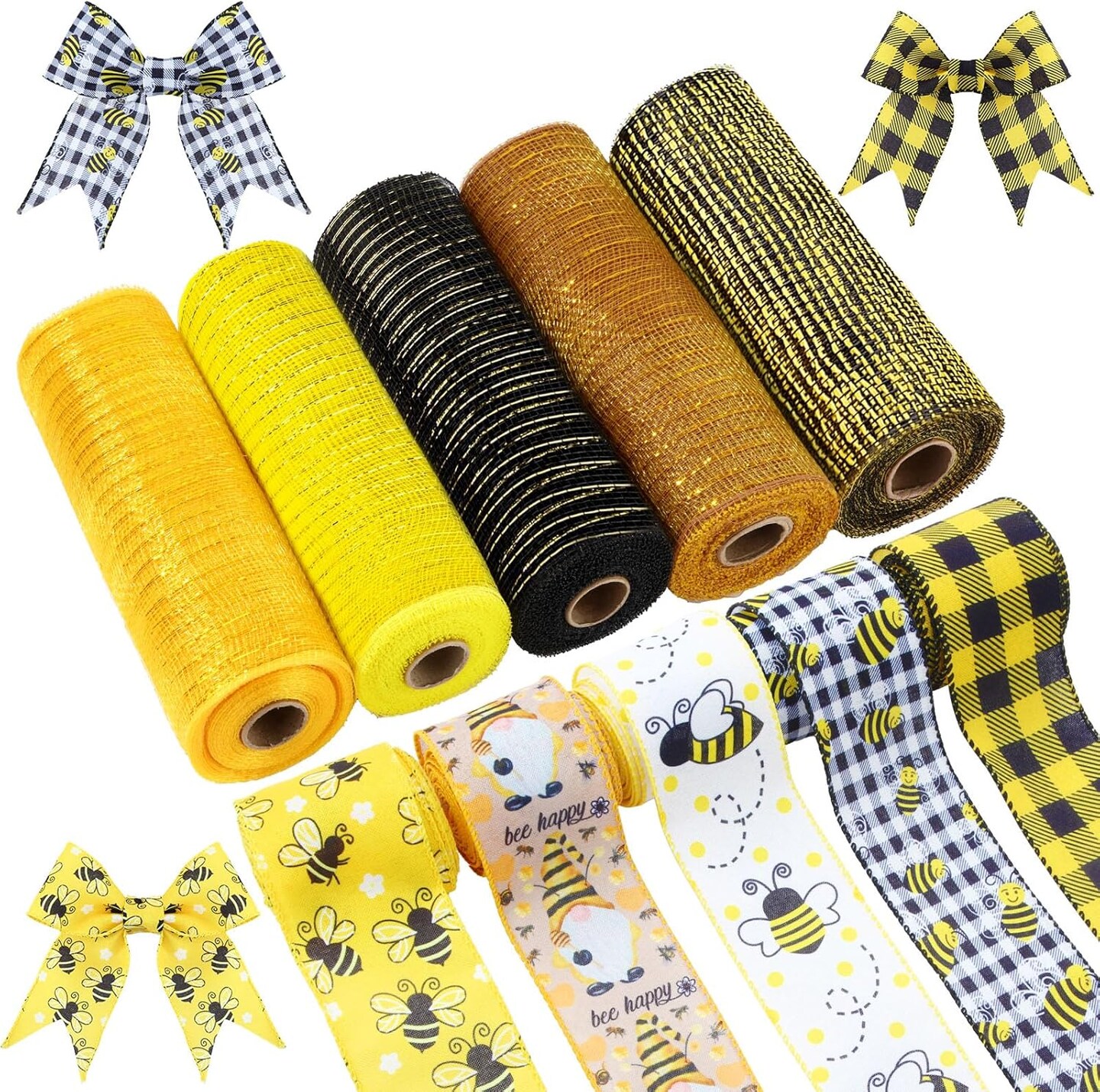 10 Rolls Bee Ribbon Including 5 Rolls Decor Mesh Ribbon 5 Rolls Wired ...