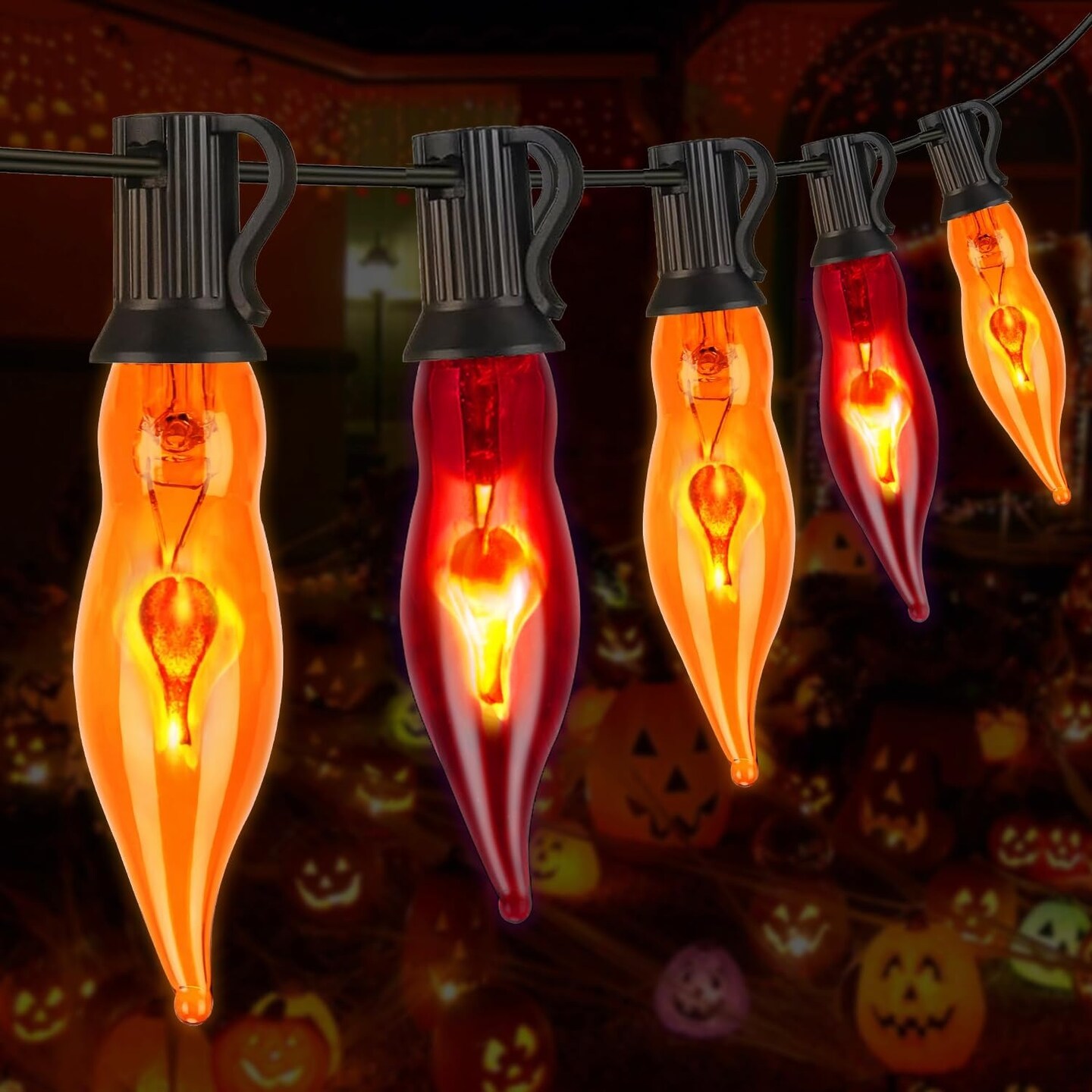 Halloween Flickering Flame String Lights(C18 Orange Purple Bulbs/Back ...