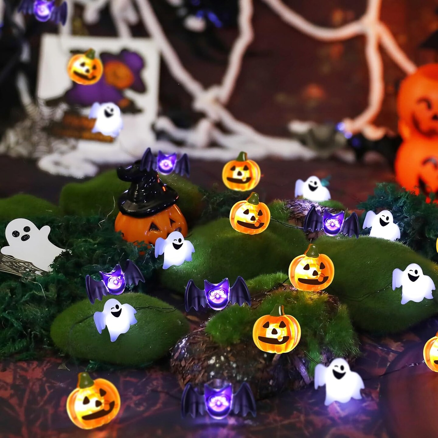 10FT 30 LED Pumpkin Bat Ghost Decor Battery Operated String Lights ...