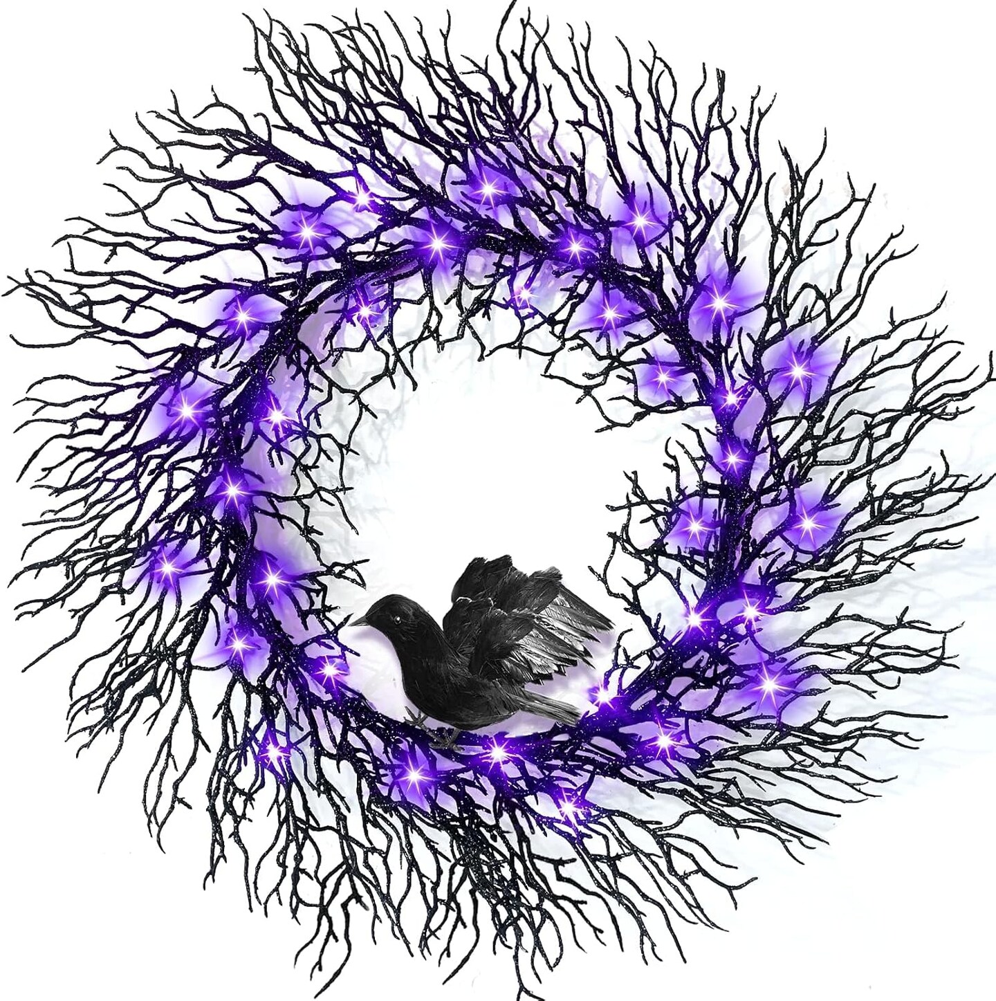 22 Inch Prelit Halloween Wreath with Crows Timer 30 LED Purple Lights ...