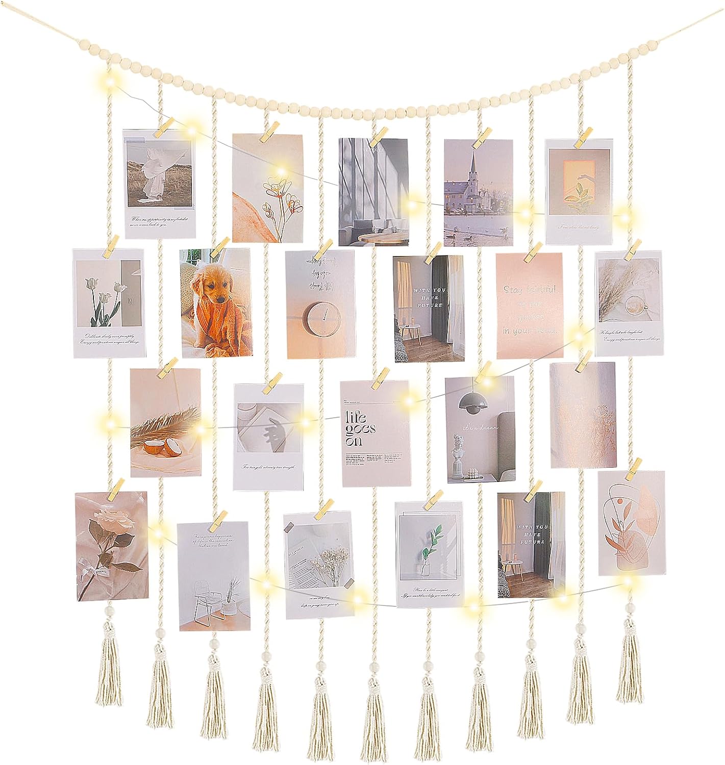 Hanging Photo Display Boho Wall Decor with String Lights Wooden Beads ...