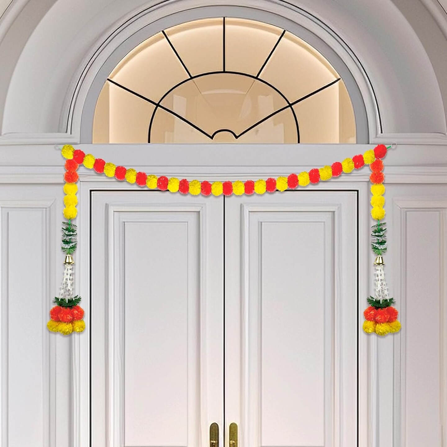 Artificial Marigold Garland with Bells Leaves Long Strands Diwali ...