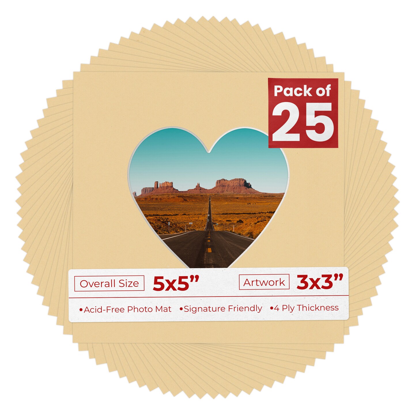 Beige Mat Board for 5x5 Inch Frames - Heart Opening for 3x3 Photos ...