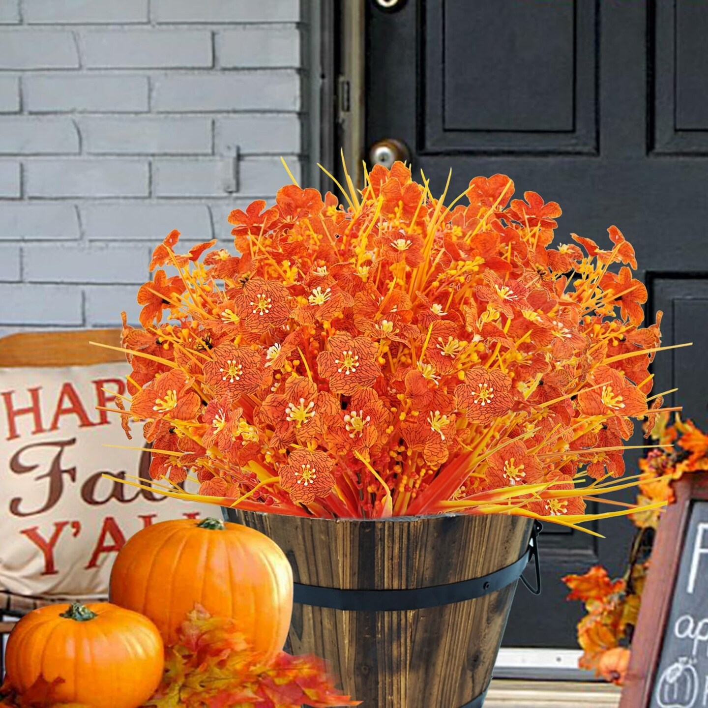 10Pcs Artificial Fall Flowers Fake Mums Outdoors UV Resistant Faux Silk Flower Plastic Plants