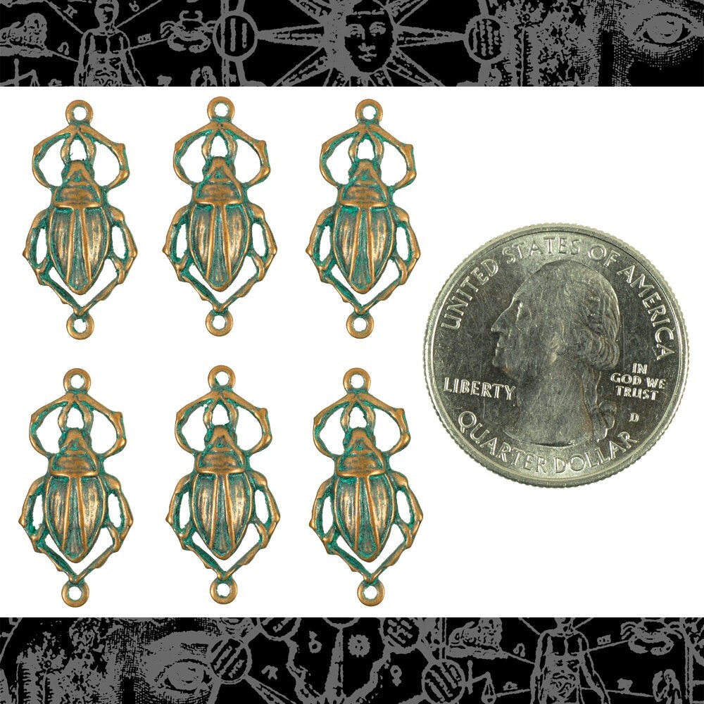 Verdigris Finished Brass Beetle Connectors with Two Rings - Set of Six ...