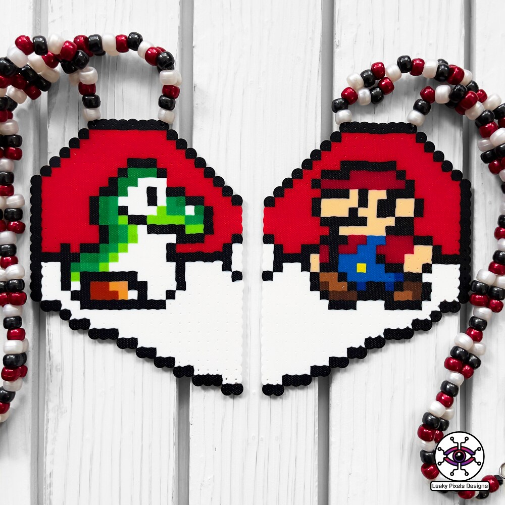 Yoshi and Mario Heart Perler Necklaces | MakerPlace by Michaels