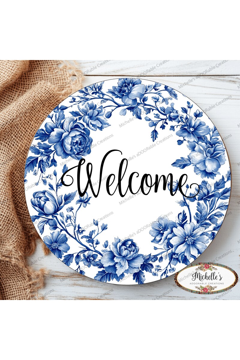 Welcome Blue Floral Round Sign | Michaels