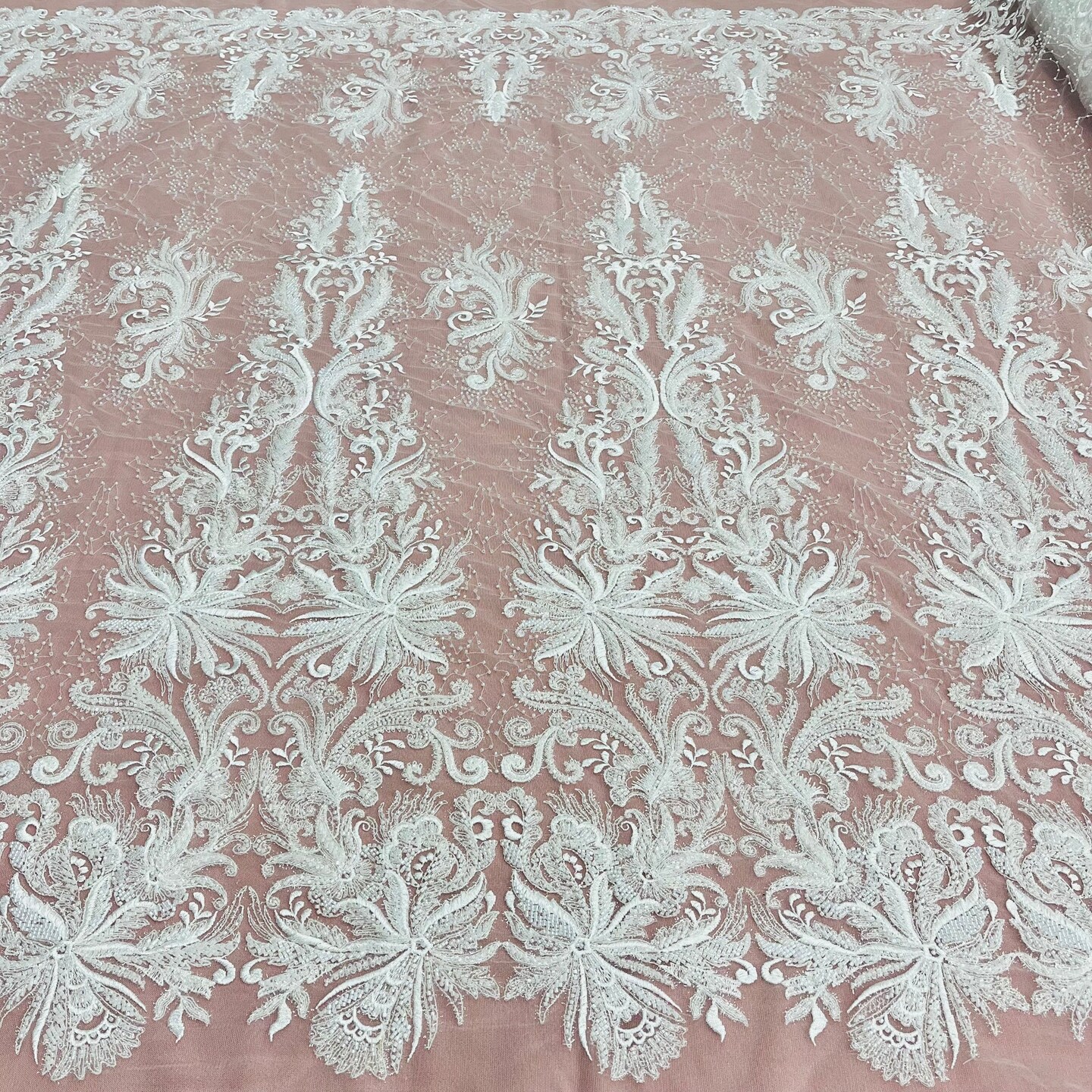 1 Yard Beaded Lace Fabric Embroidered with Fuzzy Thread on Polyester ...