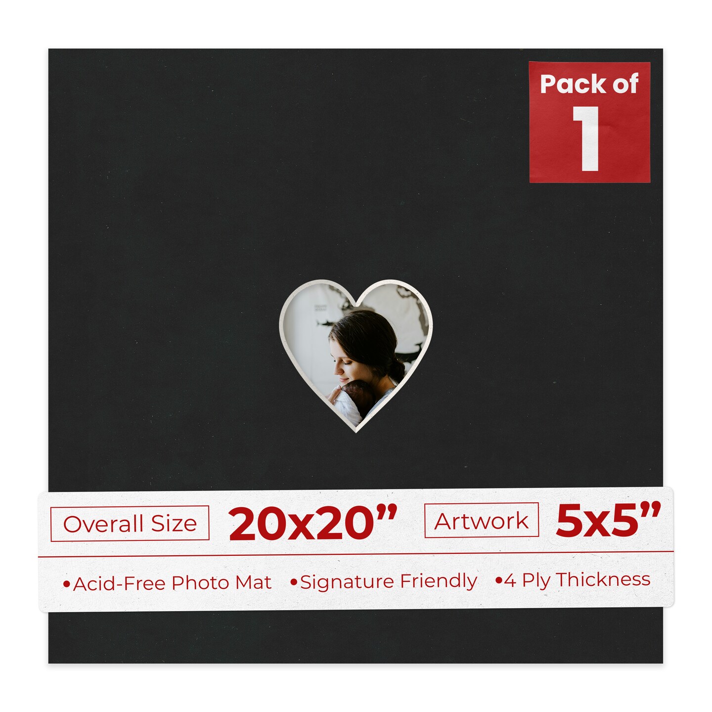 Black Suede Mat Board for 20x20 Frames - Heart Opening for 5x5 Photos ...