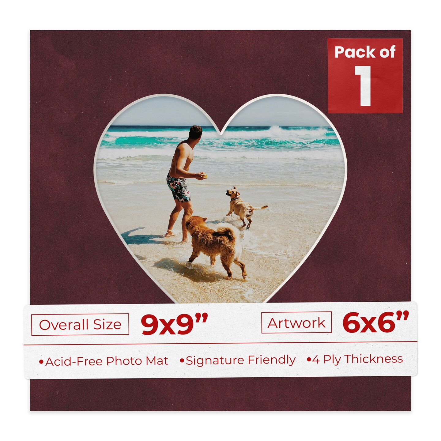 Dark Red Suede Mat Board for 9x9 Frames - Heart Opening for 6x6 Photos ...