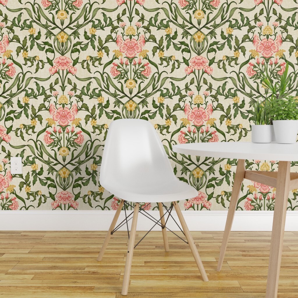 Peel & Stick Wallpaper 2FT Wide Floral Pink Green Botanical Hand Drawn Flowers Traditional ...