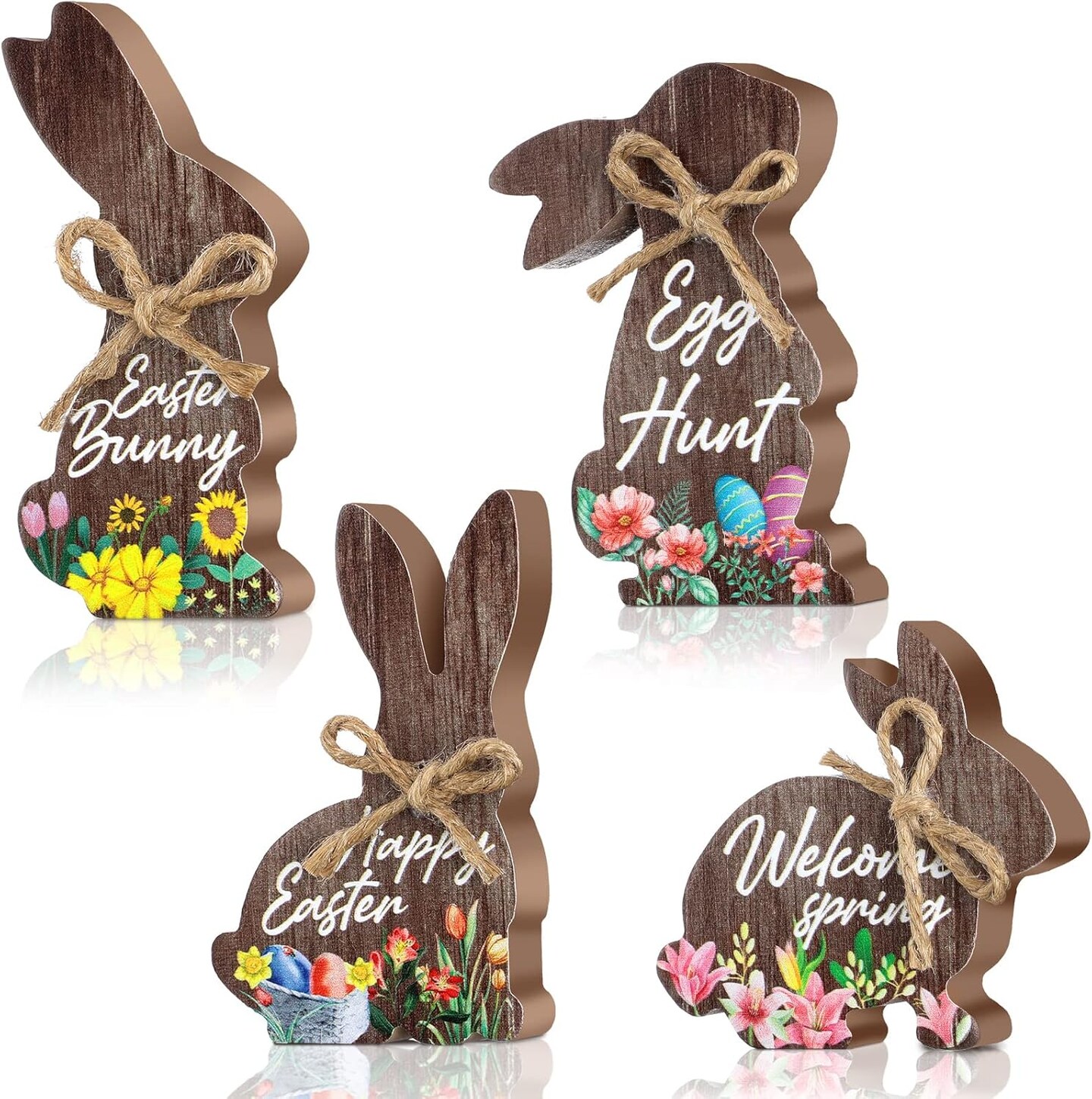 4 Pieces Easter Bunny Wood Decor Easter Natural Wood Signs Bunnies ...