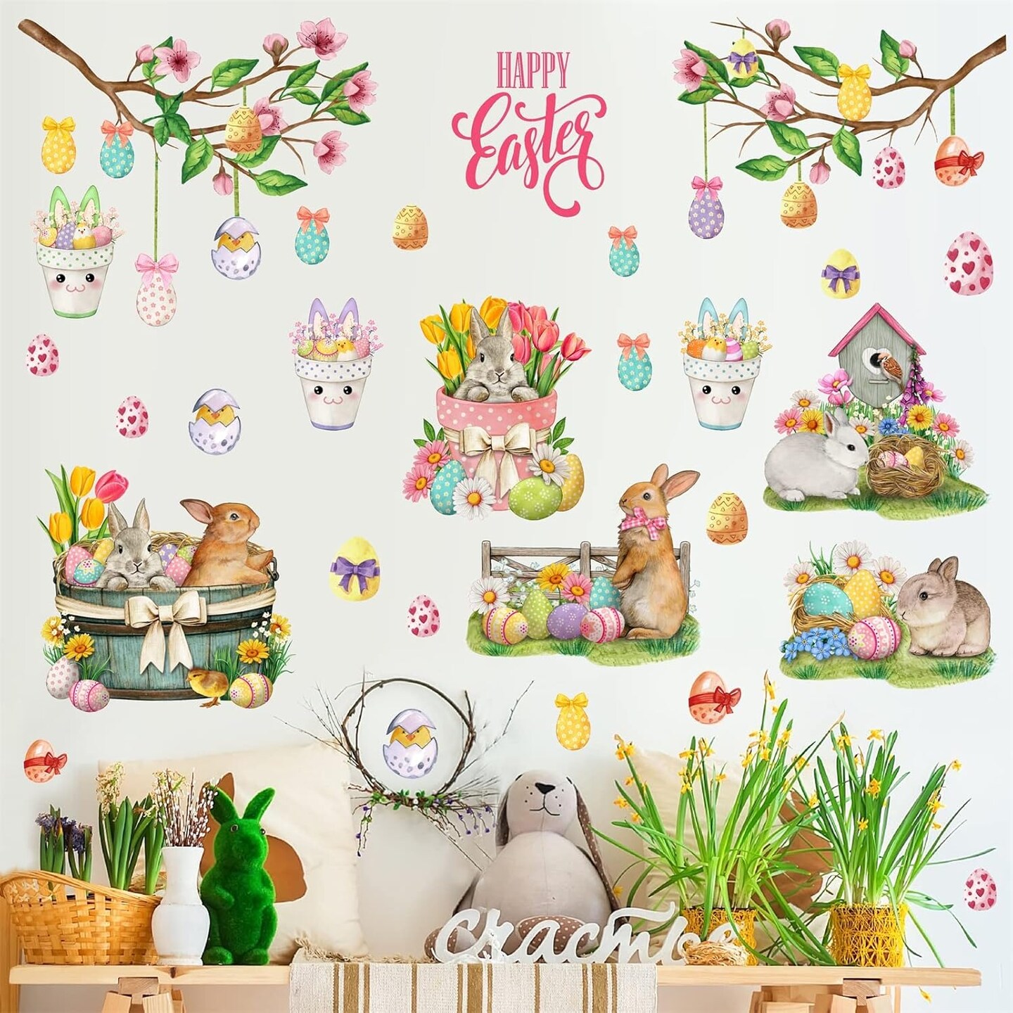 Happy Easter Wall Stickers Bunny Rabbit Wall Decals Peel and Stick Wall ...