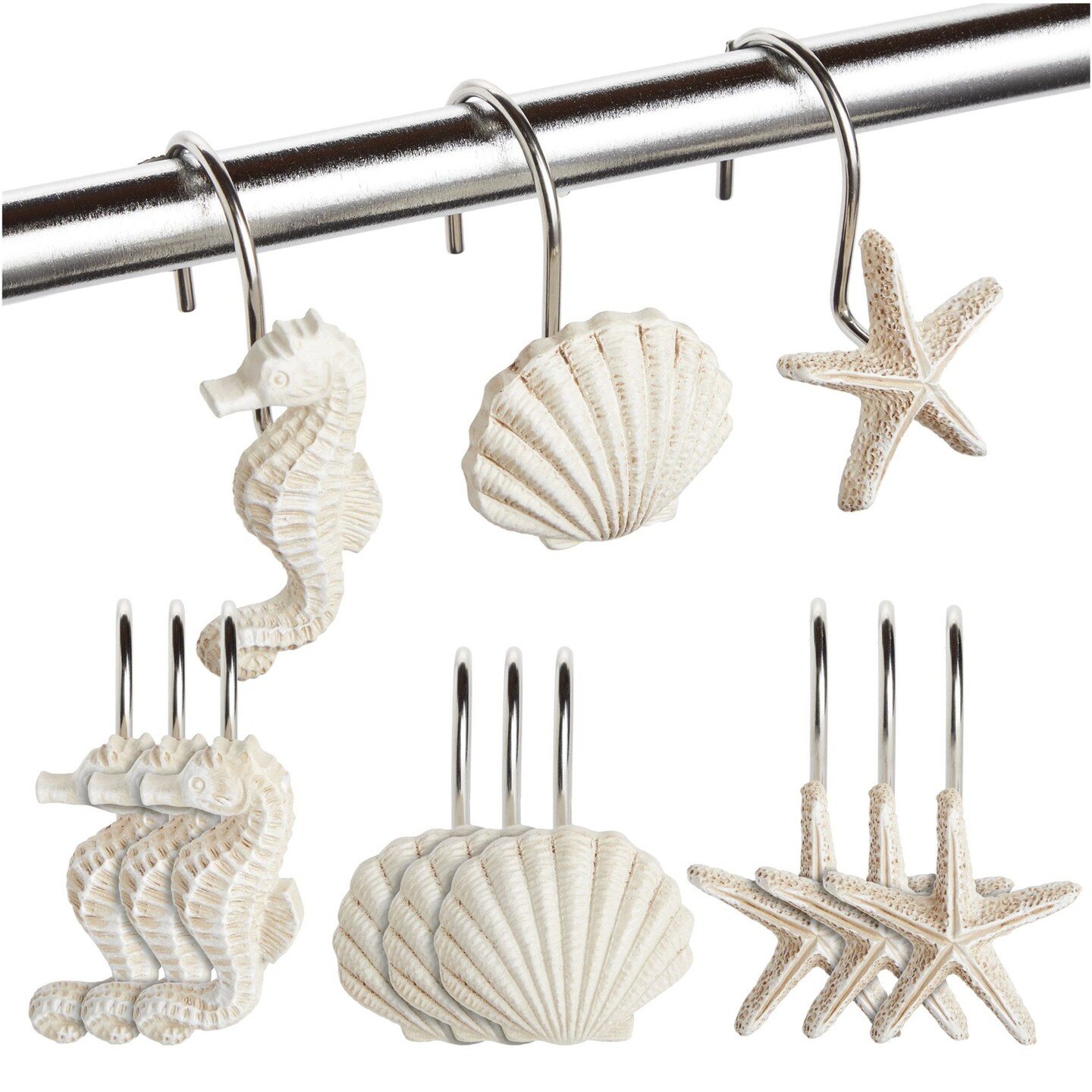 12-Pack of Beach-Themed Shower Curtain Stainless Steel Hooks ...